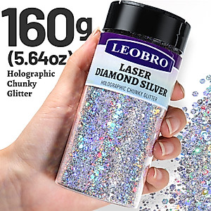 Holographic Chunky Glitter, 160G/5.64OZ Craft Glitter for Resin, Metallic Iridescent Chunky Fine Glitter Sequin Flake Bulk, Nail Glitter for Makeup Body Face Eye, Epoxy Tumbler, LEOBRO Silver Glitter