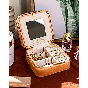 Plush Velvet Travel Jewelry Box Organizer | Travel Jewelry Case, Jewelry Travel Organizer | Small Jewelry Box for Women, Jewelry Travel Case | Earring Organizer with MIrror - Orange