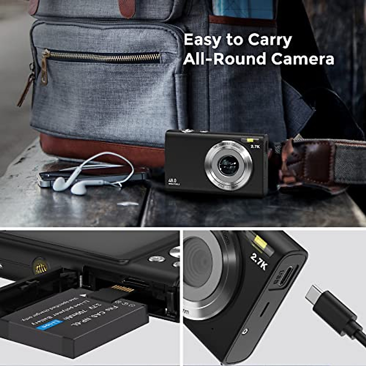 Digital Camera Auto Focus 2.7K Vlogging Camera HD 48MP 16X Digital Zoom Camera with 32G Memory Card 2 Batteries YouTube Portable Mini Compact Camera for Kids Teens Adult Beginner