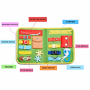 SoEm Busy Board Montessori toy Sensory Educational toy for 1 2 3 4 5 6 years Activity book for basic dress skills and fine motor for Travel plane and car, 16 activities in 1 Gifts for Girls and Boys