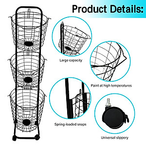 BAOKALER Removable 3 Tier Metal Rolling Laundry Basket Cart,Large Capacity Wire Basket Laundry Hamper with Wheels, Laundry Butler for Bathroom Bedroom Laundry Room