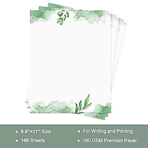 Loose Leaf Paper, Stationery Writing Paper, Greenery Letterhead Paper 8.5 x 11 Inches, 100 Sheets, Elegant Writing Paper, A4 Unpunched Refills Paper for Ring Binder/Discbound, Decorative Printer Paper