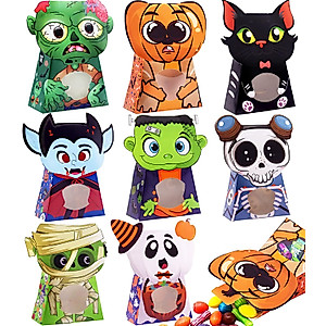 JX 24 Pack Halloween Treat Boxes with Clear Window,Halloween Goodies Candy Boxes,Tick or Treat Cookie Boxes Gift Bags Cardboard for Treats Halloween Party Favor Decoration Supplies,8 Styles