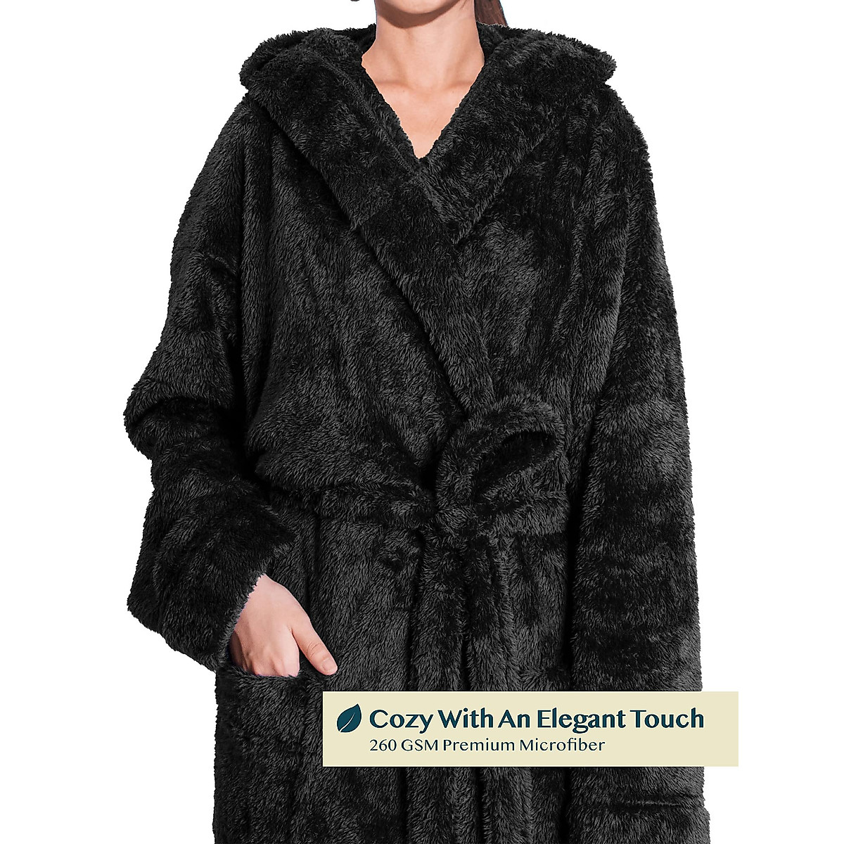 PAVILIA Women Hooded Plush Soft Robe | Fluffy Warm Fleece Sherpa Shaggy Bathrobe (L/XL, Black)