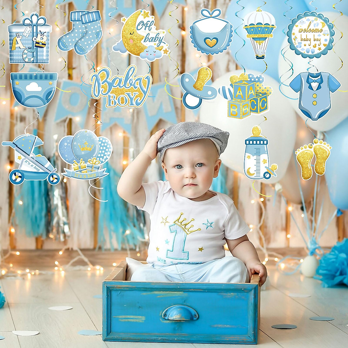 36pcs Blue Baby Shower Party Hanging Swirls Decor, It's A Boy Themes Party Supplies Boy Ceiling Hanging Streamers for Kids Gender Reveal Baby Shower Birthday Party Decorations