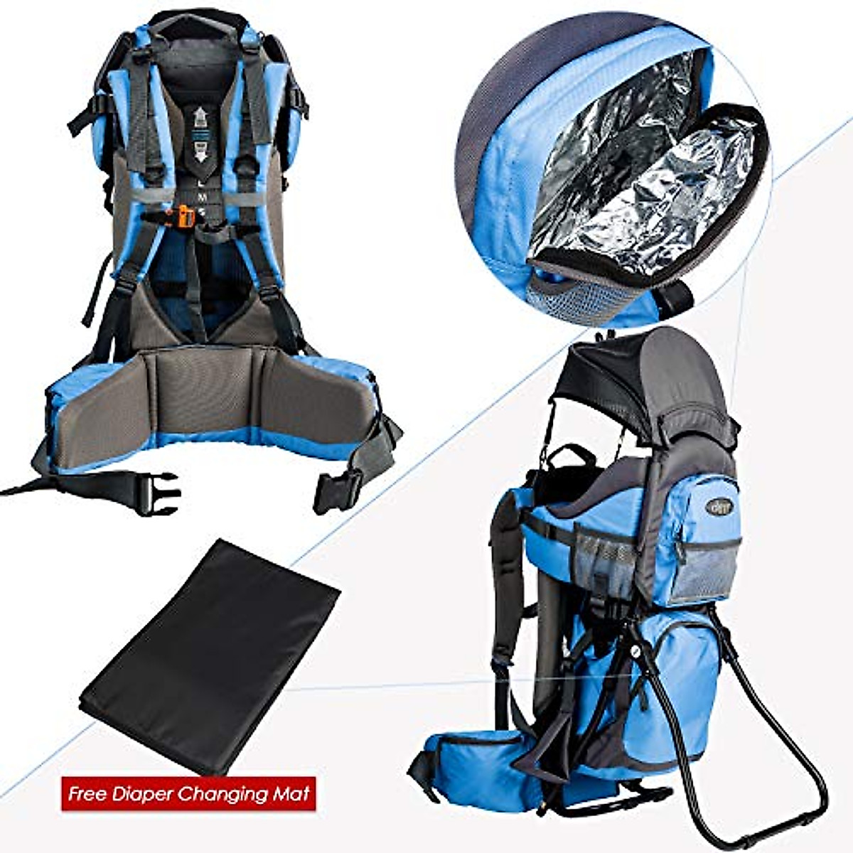 ClevrPlus Canyonero Camping Baby Backpack Hiking Kid Toddler Child Carrier with Stand and Sun Shade Visor, Blue