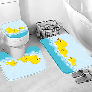 EARVO Cute Yellow Duck Taking Bath Shower Curtain 4Pcs Bath Sets with Non-Slip Rugs U-Shaped Mat Toilet Lid Cover for Kids Baby Bathroom Decor 71x72 inches Polyester Fabric 12 Hooks SETMYEA34