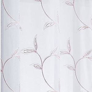 LINENZONE Sheer White Patio Door Curtain for Sliding Door with Blush Pink Leaf Embroidery. Extra Wide Curtains for Patio Doors, Glass Door Curtains, or Balcony Curtains. (Maria 102 x 84 Blush)