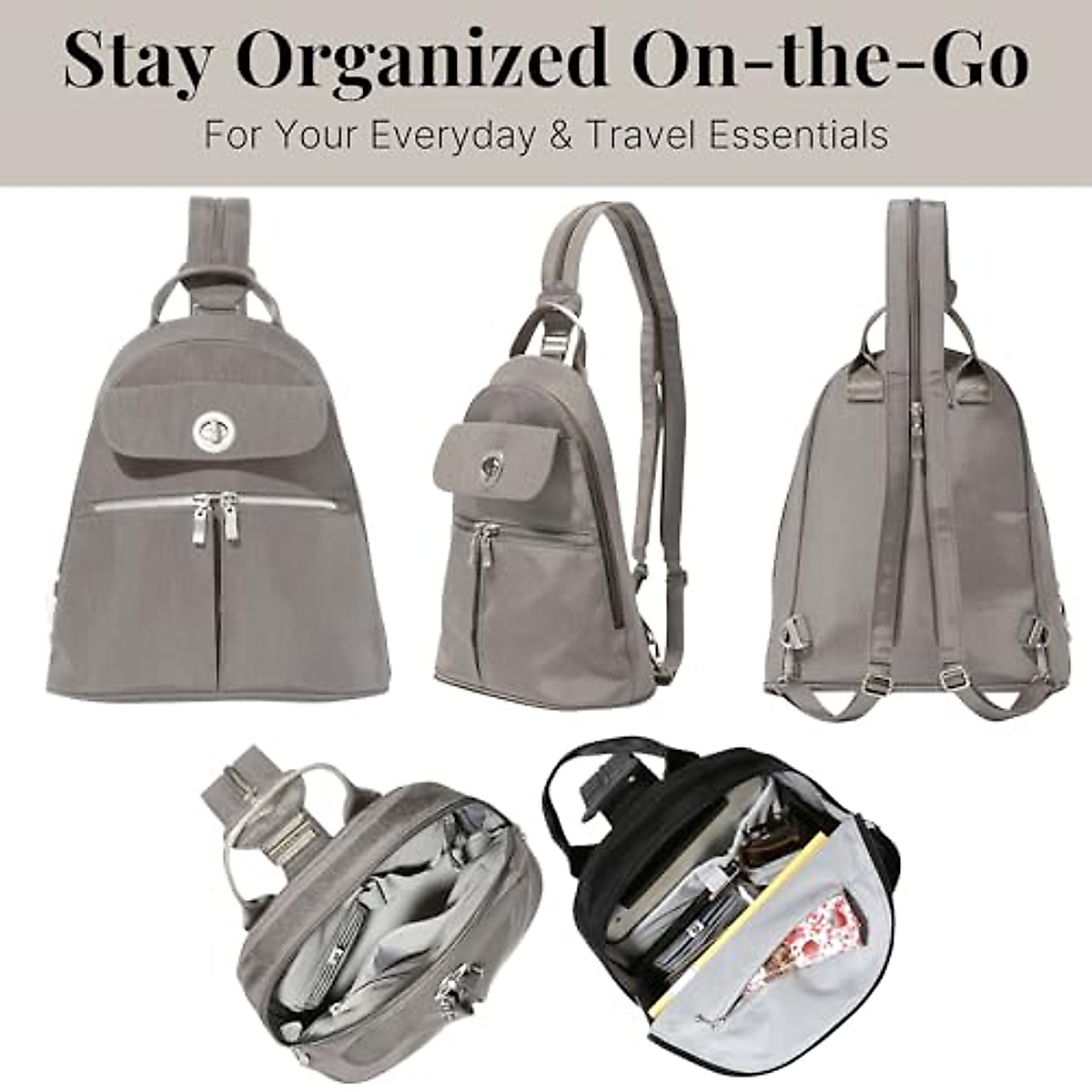 Baggallini Naples Convertible Small Daypack Sling Crossbody, Sterling Shimmer