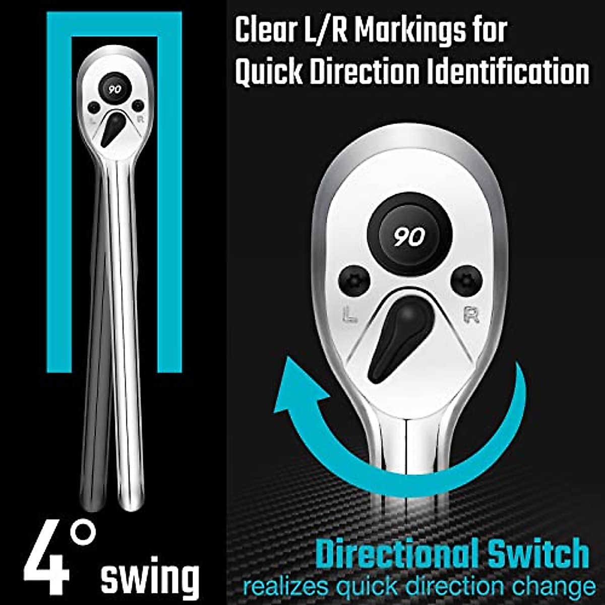 DURATECH 3-Piece Ratchet Set, 1/4", 3/8", 1/2" Drive, 90-Tooth, Quick-release, Contour Handle Designed for Better Grip, Alloy Steel, Organized in Plastic Tray