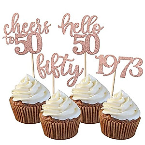 24 Pack 50th Birthday Cupcake Toppers Glitter Fifty Since 1973 Hello 50 Years Birthday Cupcake Picks Cheers to 50 Cake Decorations for Happy 50th Birthday Anniversary Party Supplies Rose Gold