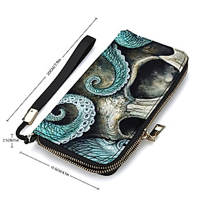 Octopus and Skull Women’s Long Wallet PU Clutch Purse with Wristlet Strap Zipper Mini Handbag
