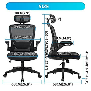 KERDOM Ergonomic Office Chair, Breathable Mesh Desk Chair, Lumbar Support Computer Chair with Headrest and Flip-up Arms, Swivel Task Chair, Adjustable Height Gaming Chair(Black)