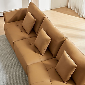 Modern Living Room Curved Sofa, Real Leather Modular Sectional Sofa, Chaise Lounge Couch, 3-Seater Corner Couch, 120'' Sofa Couch with 3 Pillows, Apartment, Home Furniture, Office, Brown Couch