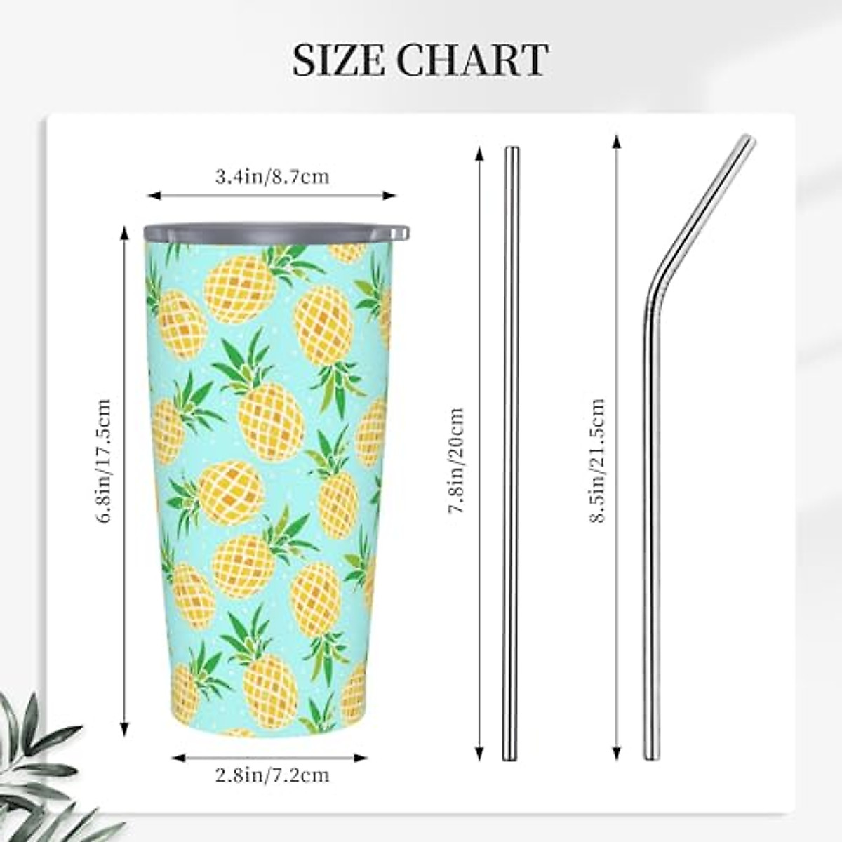 20oz Tumbler Luscious Pineapple Print Double Wall Vacuum Insulated Coffee Mug with Lid and Metal Straw Brush Reusable Stainless Steel Water Bottle Travel Cup Gifts for Car Ice Drinks Hot Beverage