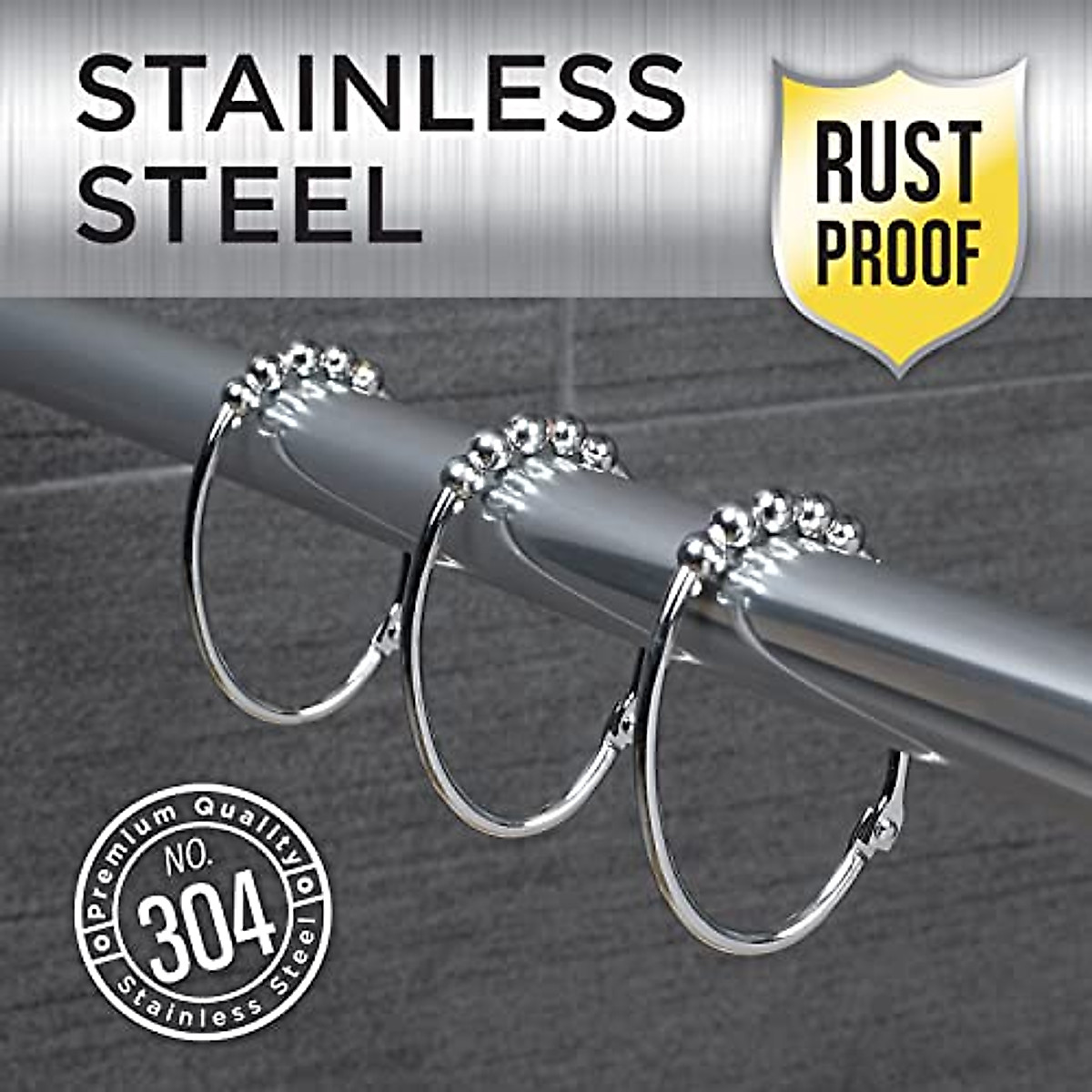 Zenna Home Rustproof Stainless Steel Oval Roller Shower Rings, Set of 12, Chrome