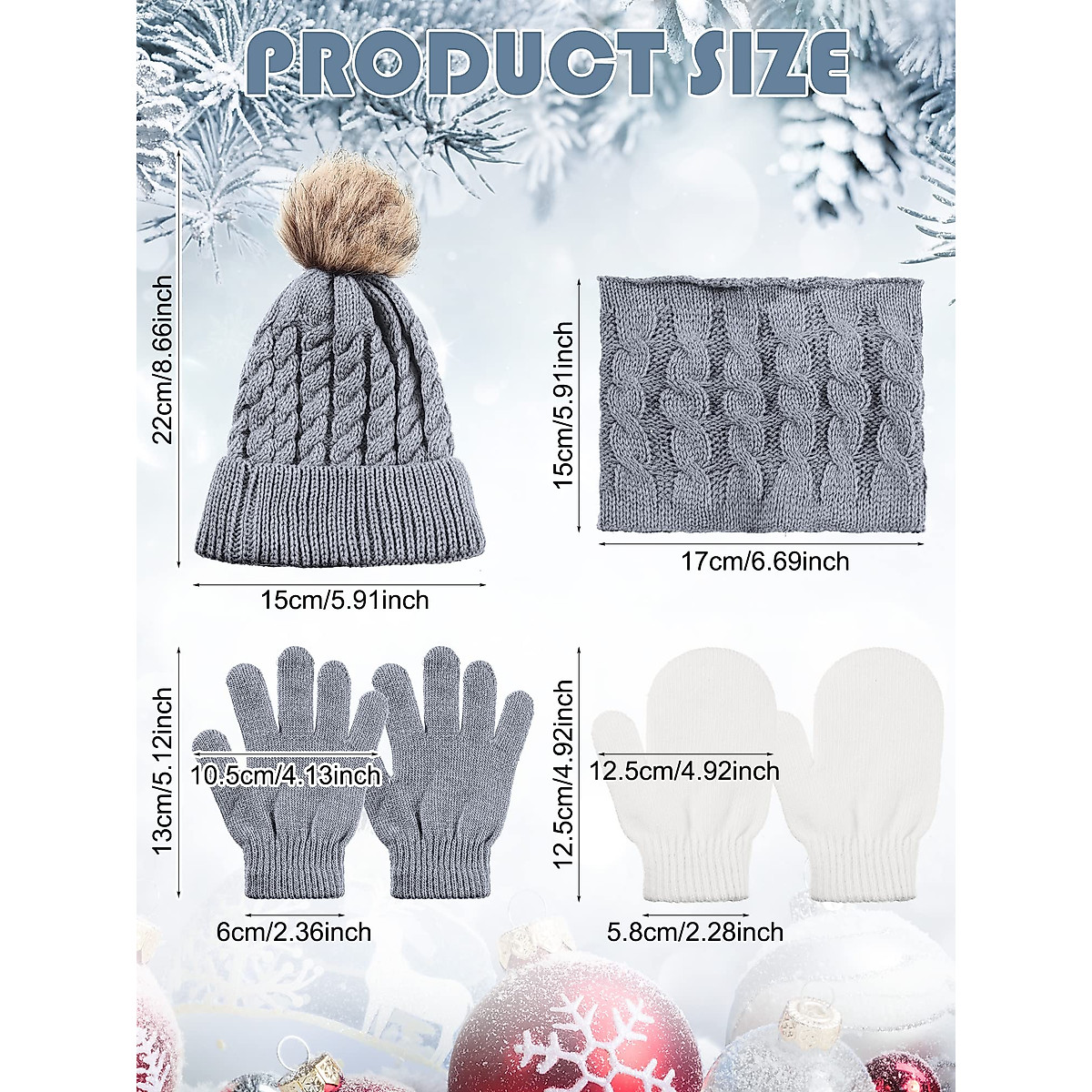 12 Pcs Kids Hat Scarf Gloves Set Winter Knit Beanie Cap Satin Inner Lining Neck Warmer Gaiter Warm Thermal Mittens Christmas Gift for Toddler Girls Boys 2-7 Years