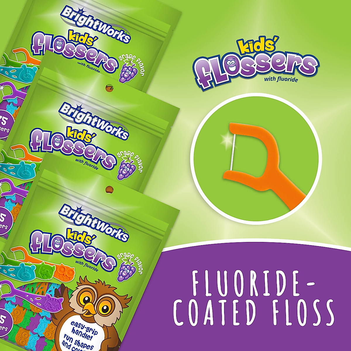 Kids’ Grape-Flavored Dental Flossers, Colorful Animals add Fun to Support Healthy Habits, Easy-Grip Handle and Fluoride-Coated Floss, Pack of 3 x 75 Pieces
