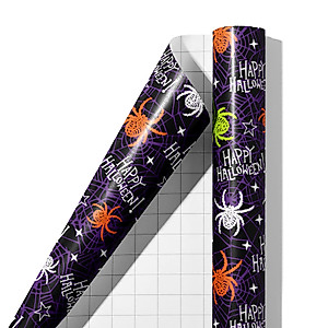 LDGOOAEL Wrapping Paper Roll with Cut Lines on Reverse - Mini Roll(17" X 120" Per Roll) - Purple Spider, Orange bat for Halloween, Birthday, Wedding, Baby Shower,Bridal Showers