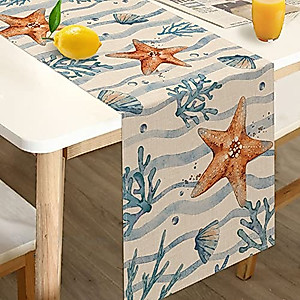 Seliem Summer Sea Starfish Conch Coral Table Runner, Coastal Ocean Wave Stripes Kitchen Dining Table Decor, Nautical Spring Seasonal Beach Home Decoration Indoor Outdoor Party Supply 13 x 72 Inches