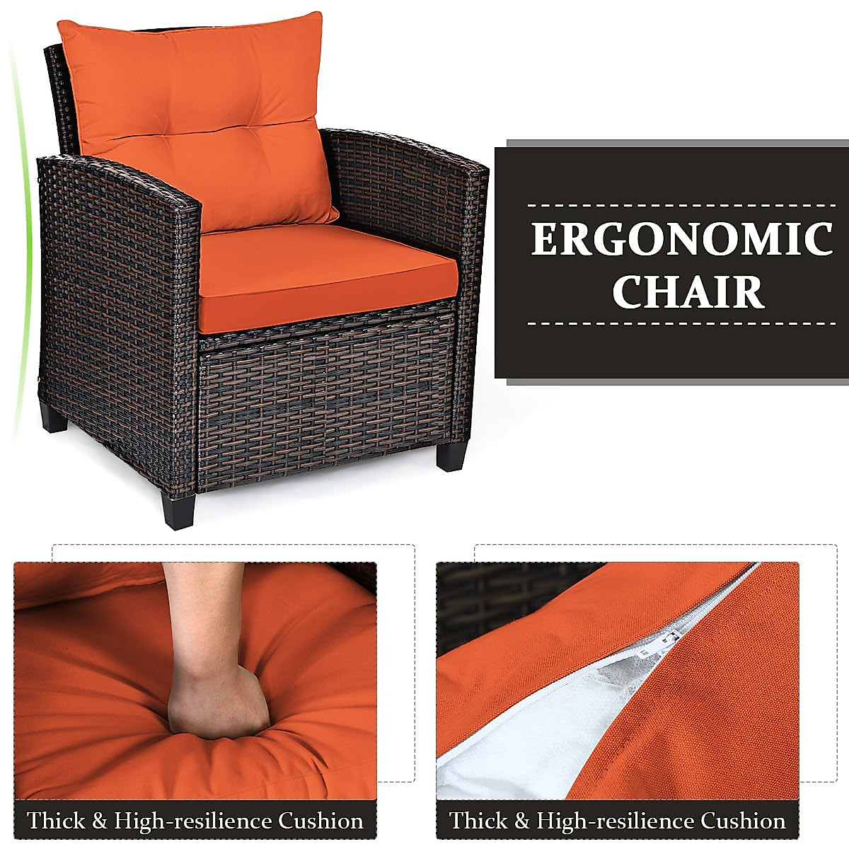 RELAX4LIFE 3 Piece Patio Furniture Set, Wicker Bistro Conversation Set w/2 Cushioned Armchairs & Glass Topped Table, Outdoor Rattan Sofa Set Patio Furniture for Porch Balcony Poolside (Orange)