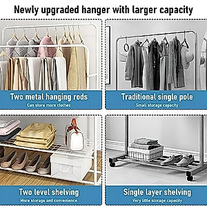 Xshelley Garment Rack Freestanding Clothing Rack Hanger Double Pole Multi-functional Bedroom Clothing Rack, Heavy Duty Metal Clothing Garment Rack with Shelves (White)