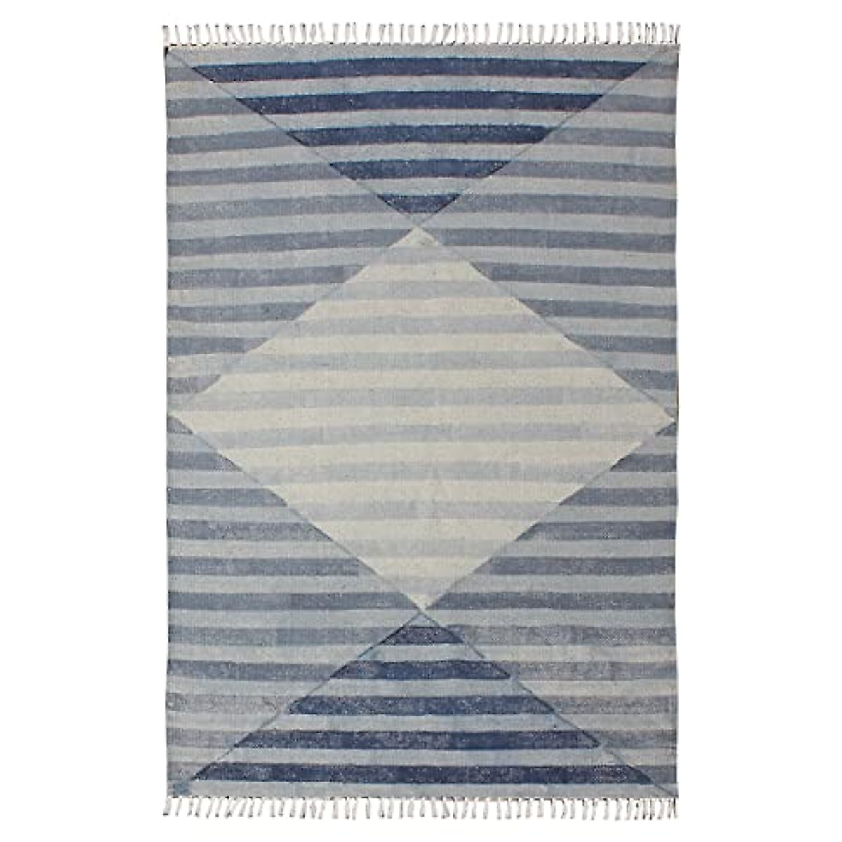 Casavani Hand Block Printed Cotton Dhurrie Striped Blue Tassel Rug Easy Care Washable Rugs for Doormat Entryway Living Room Bedroom Hallway Balcony 2x3 Feet