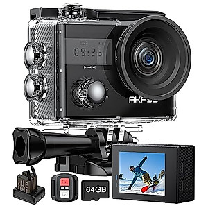 AKASO Brave 4 4K30fps Action Camera + Kingston 64GB MicroSDXC Memory Card Accessories Kit Bundle - 20MP Ultra HD Photo EIS 30m Waterproof Camera WiFi Remote Control 5X Zoom Underwater Video Cameras