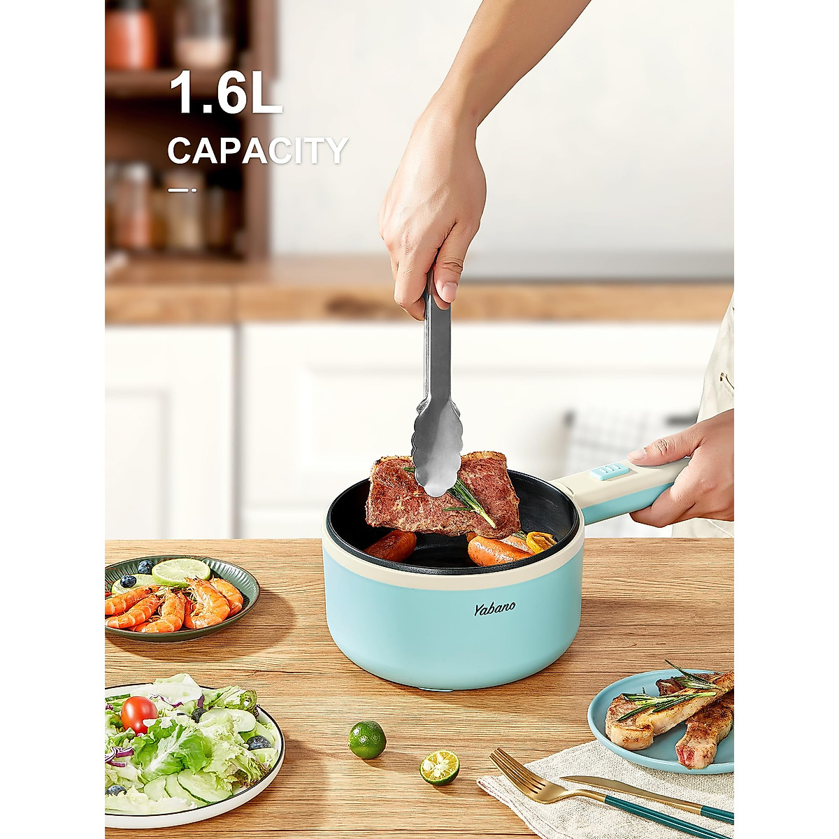 Yabano Electric Pot, 850W Non-Stick Electric Hot Pot with Steamer,1.6L Noodles Cooker with Dual Power Control, Portable Pot For Dorm, Office, Travel with Silicone Spatula Included, BPA Free, Aqua