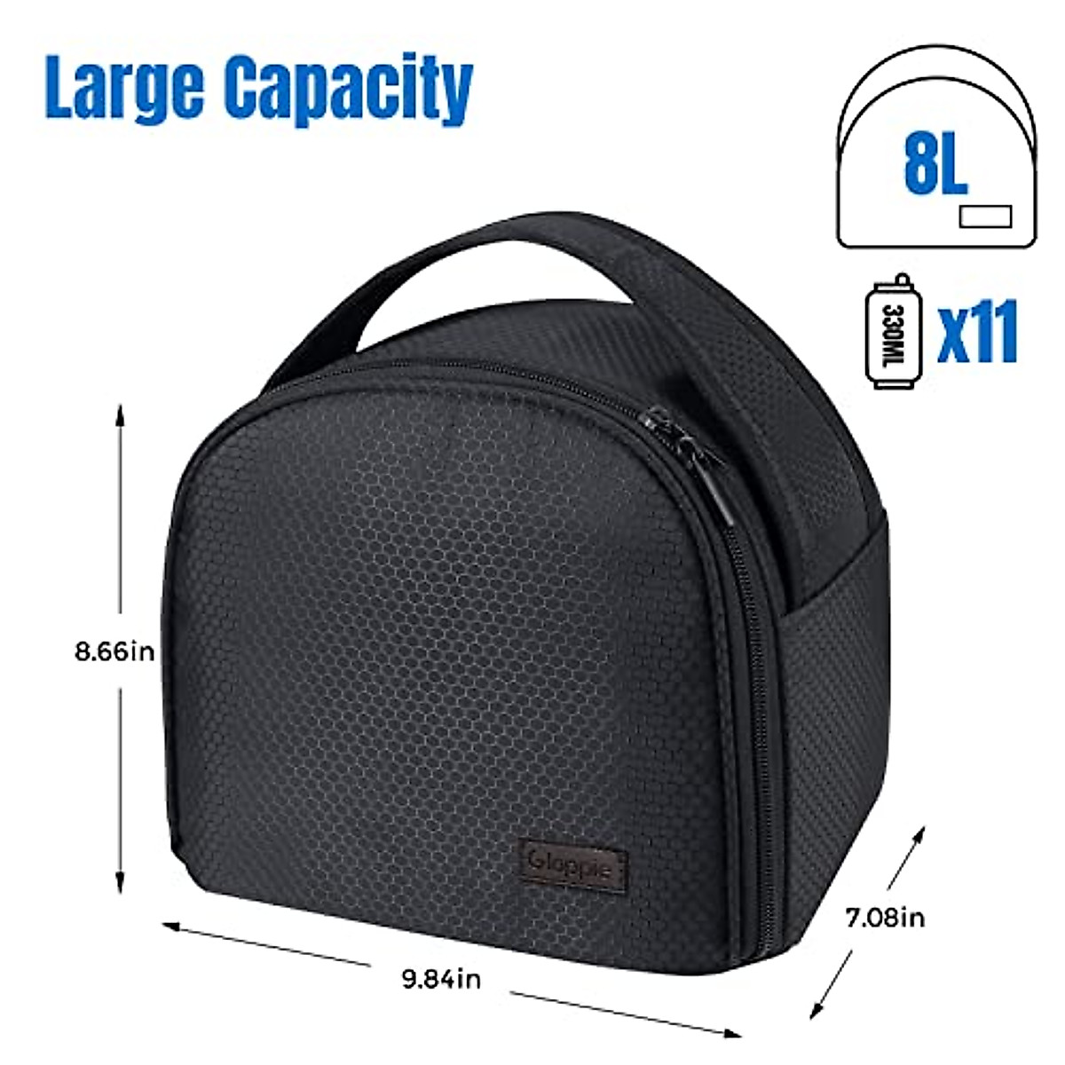 Gloppie Lunch Box Insulated Lunch Bag for Men Women Lunch Cooler Bags Black Lunch Tote Bag for Bento Box Lunch Containers Adult Lunchbox Lunchbag Work Office Picnic