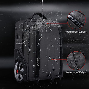 Rolling Backpack Wheeled Backpack, Business Travel Backpack, Carry on Luggage Waterproof Bag, Fit 17.3 Inch Notebook Men Women and College Student Computer Bag (Black)