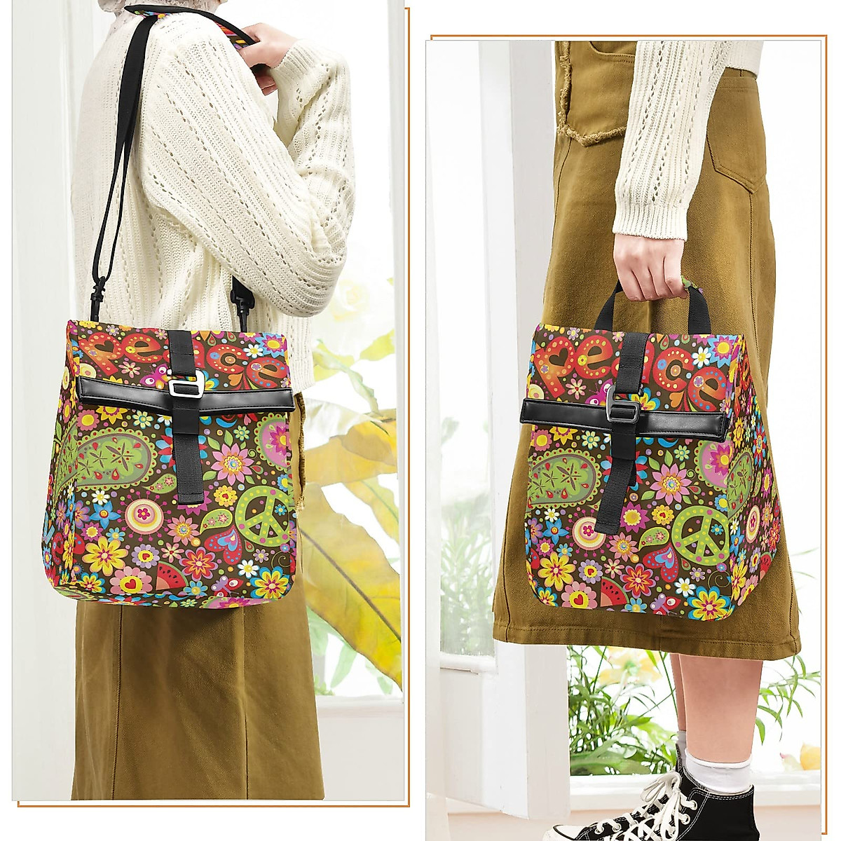 ALAZA Hippie Peace Symbol Paisley Floral Lunch Bag Women Insulated Cooler for Men Kids Roll Top Leak Proof Tote Cooling Purse