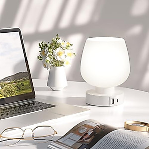 Kakanuo Bedside Table Lamp with Glass Shade, Touch Control, Dual USB A+C Charging Ports, Nightstand Lamp, 3-Way Dimmable, Bulb Included