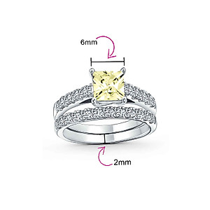 1CT Brilliant Canary Yellow Cubic Zirconia Square Princess Cut Solitaire Cathedral Setting Thin Eternity Pave Band AAA CZ Anniversary Engagement Wedding Ring Set .925 Sterling Silver