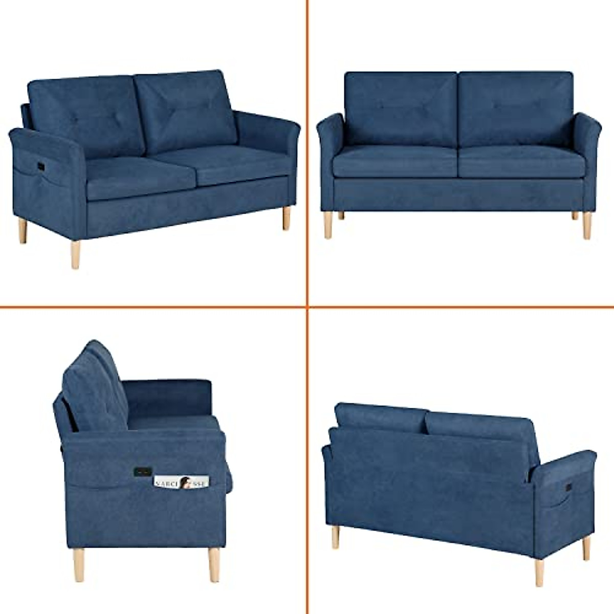 AILEEKISS 58" Fabric Loveseat Sofa with 2 USB Charging Ports Love Seat Sofas Couches for Living Room, Bedroom, Office, Small Spaces, Easy Assembly (Navy(2-Seat))