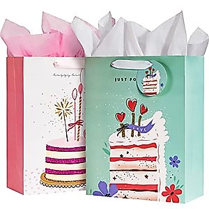 SUNCOLOR 13" Large Gift Bags for Girls Birthday Party with Tissue Paper (2 Pack, Cakes)