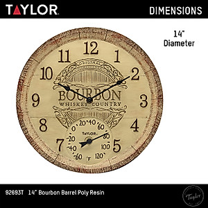 Taylor Bourbon Barrel Poly Resin Indoor and Outdoor Clock and Thermometer, 14 Inch, Multi-Color