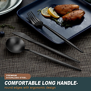 EUIRIO 24 Pieces Matte Black Silverware Set with Steak Knives, Stainless Steel Flatware Set for 4, Cutlery Utensil Sets, Spoons and Forks Set, Dishwasher Safe