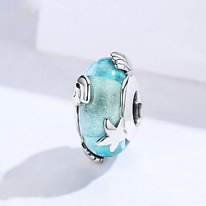 Genuine Murano Glass Charms Beads for Bracelets Original 925 sterling silver Core Blue Bubbles Pink Flowers Charms for Pandora Bracelets (C1257 Ocean Charms)