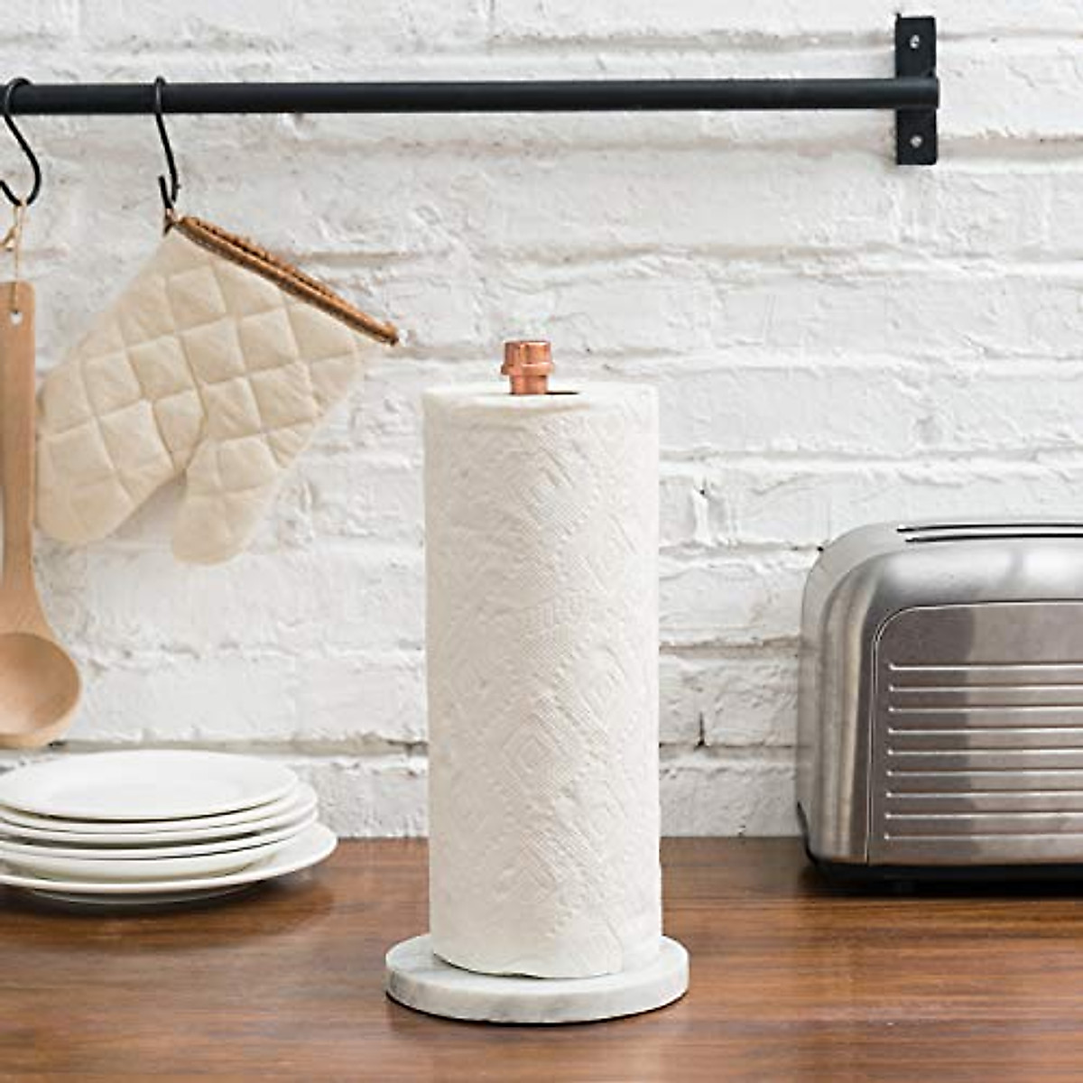 MyGift Copper Tone Metal Industrial Pipe Paper Towel Holder Countertop with Round White Marble Base, Kitchen Upright Paper Towel Dispenser Rack