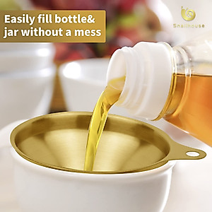 Snailhouse Small Funnels, 3 Pack Stainless Steel Mini Metal Food Funnel with Cleaning Brush Set for Filling Bottles Kitchen Use, Gold (1.78/2.16/2.95 in)