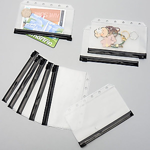 Mogoostry A7 Zipper Pockets 12PCS 6 Holes Binder Pockets Black Zipper Cash Envelopes Pocket A7 Loose-Leaf Zipper Binder Pouch Bag for 6-Ring Journal Budget Folder