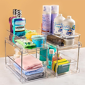 Zero Zoo 4Pack 2-Tier Bathroom Storage Organizer, Clear Under Sink Organizers Kitchen Vanity Counter Storage Container, Medicine Cabinet Drawers Bins, Pull-Out Organization with Track for Pantry