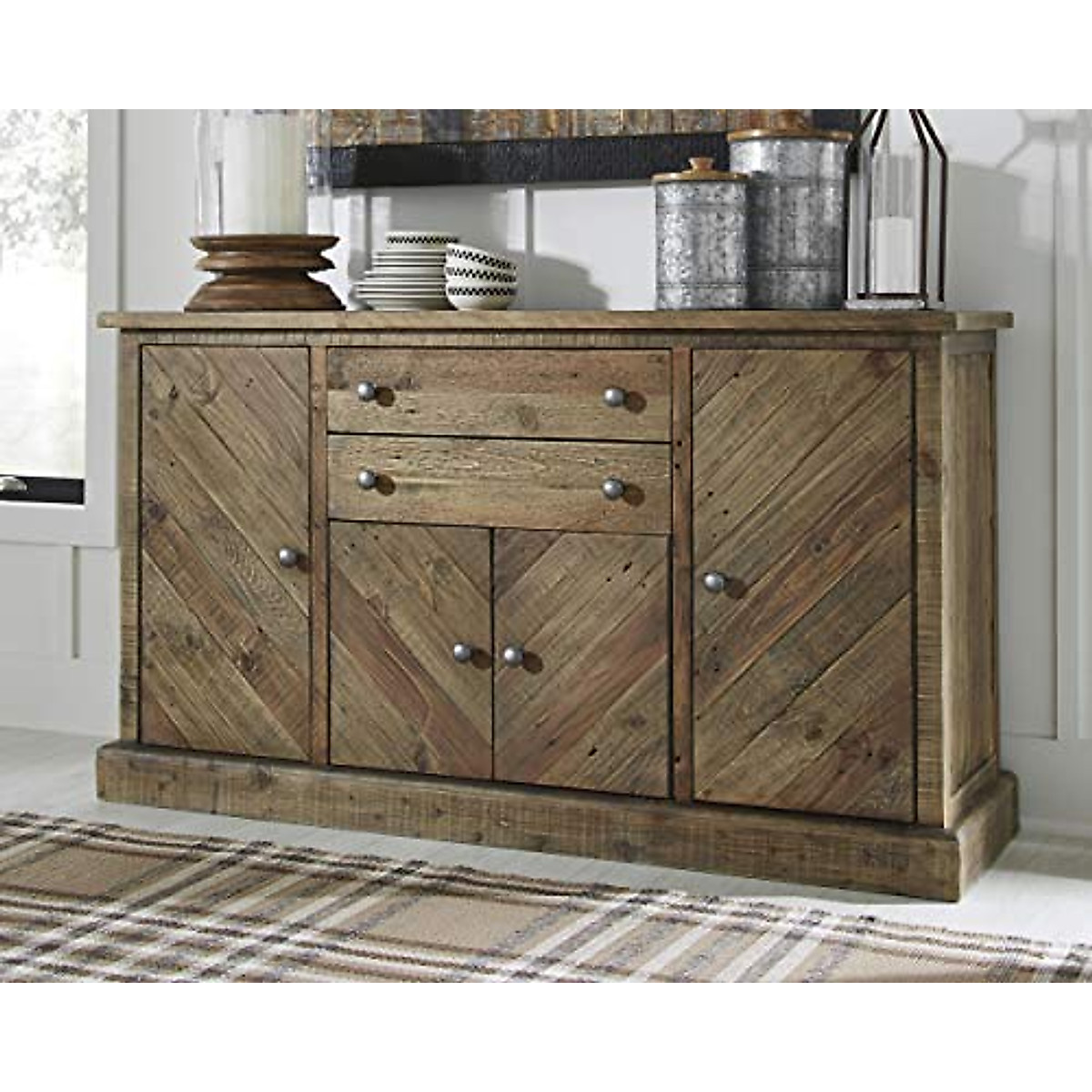 Signature Design by Ashley Grindleburg Farmhouse Reclaimed Wood Dining Room Buffet Cabinet or Server, Light Brown