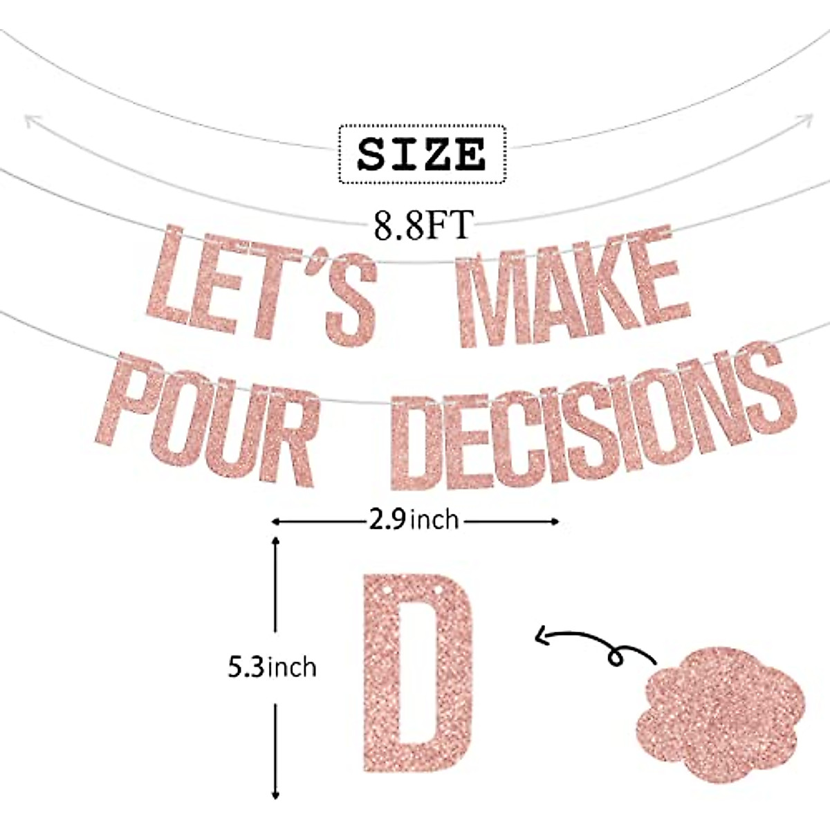 Let's Make Pour Decisions Banner, Bachelorette Party Banner, Wine Party Banner, Bridal Banner Decorations, Wedding/Bridal Shower Party Bunting Decorations Rose Gold Glitter