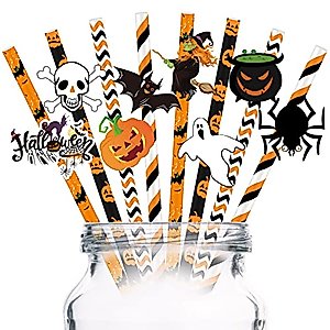 Hotop Halloween Party Supplies Includes 56 Disposable Paper Drinking Straws, 64 Halloween Pattern Cards & 100 Self Adhesive Dots, Pumpkin, Wave, Bat & Stripe Straws for Halloween Party Favors