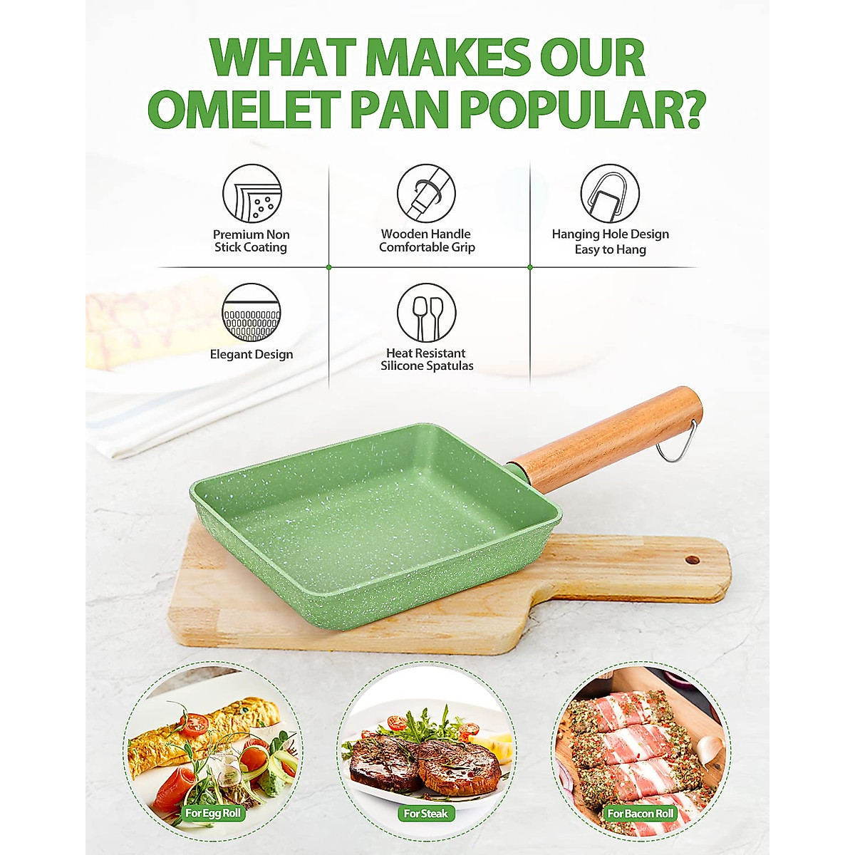 BUNDLEPRO Japanese Omelette Pan, Non Stick Tamagoyaki Eggs Frying Pan, Square Granite Cookware set, Small Induction Skillet with Silicone Spatulas for Breakfast(7.1inch)