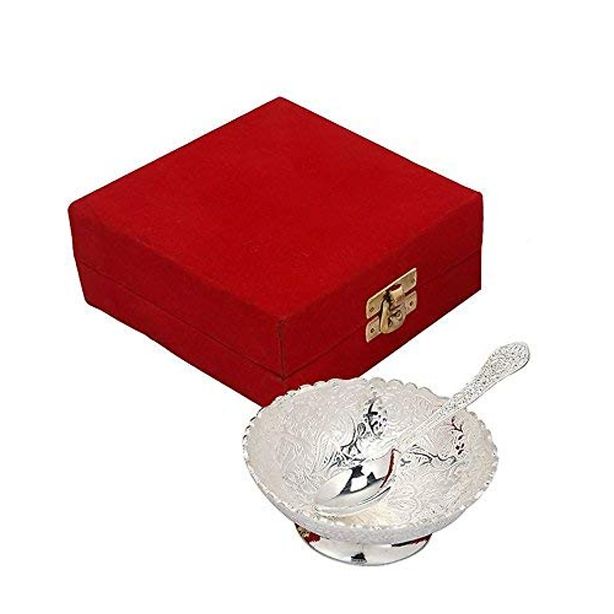 Rastogi Handicrafts Aluminium -Silver Plated Small Bowl Set with Spoon Size - 3.5 Inch Diameter Bowl, capacity -100 ml /3.38 OZ