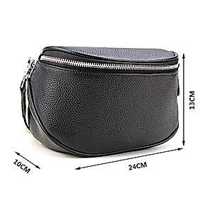 Soft Real Leather Crossbody Bags for Women Shoulder Bag Women's Real Leather Messenger Bag Bumbag with Wide Changeable Strap (Black-Leather)