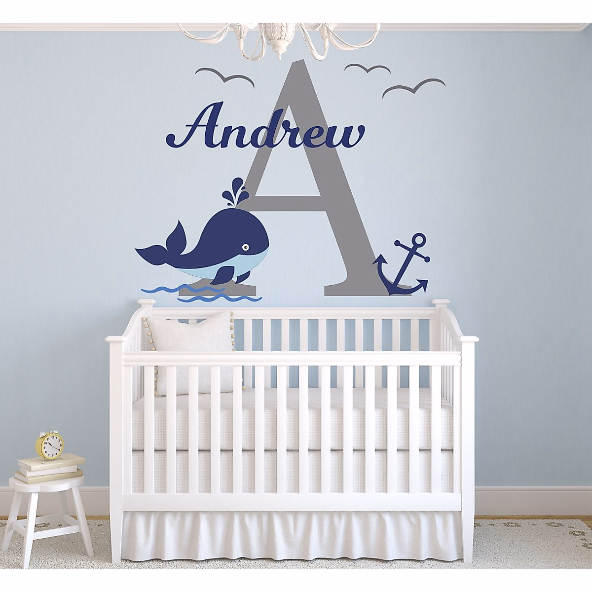 Lovely Decals World LLC Wall Decals Nautical Personalized Whale Name Art Nursery Decor Mural Sticker Vinyl LD37 (28" W x 18" H)